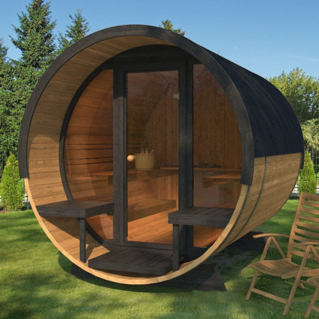 Garten Fasssauna Deluxe in Thermoholz - 2800 x 2300 mm – Sanitaermarkt